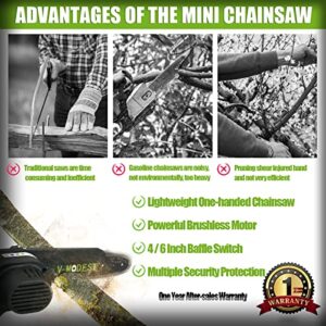 Mini Chainsaw Cordless 4&6 Inch,V-MODEST Brushless One-Handheld Electric Chain Saw with 2x24V Battery Powered, 23.4FT/s, Security Lock for Wood Cutting Tree Pruning(also for women)