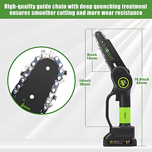 Mini Chainsaw Cordless 4&6 Inch,V-MODEST Brushless One-Handheld Electric Chain Saw with 2x24V Battery Powered, 23.4FT/s, Security Lock for Wood Cutting Tree Pruning(also for women)