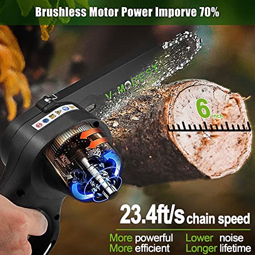 Mini Chainsaw Cordless 4&6 Inch,V-MODEST Brushless One-Handheld Electric Chain Saw with 2x24V Battery Powered, 23.4FT/s, Security Lock for Wood Cutting Tree Pruning(also for women)