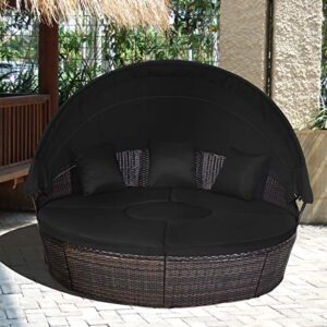 Tangkula Patio Round Daybed with Retractable Canopy, Outdoor Wicker Rattan Furniture Sets, Sectional Cushioned Sofa Set w/Height Adjustable Coffee Table, Rattan Conversation Sets (Black)