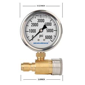 MEASUREMAN 2-1/2" Pressure Washer Gauge, Pressure Gauge Kit, 3/8 Inch Quick Connect, 0-6000 PSI, Glycerin Filled