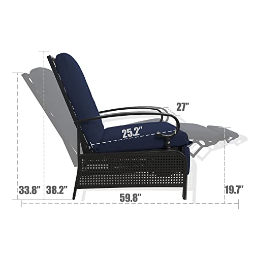 Kozyard Adjustable Patio Reclining Lounge Chair with Strong Extendable Metal Frame and Removable Cushions for Outdoor Reading, Sunbathing or Relaxation (Navy Blue)