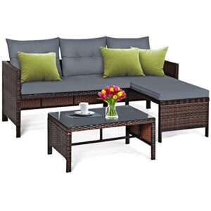 tangkula patio corner sofa set 3 piece, outdoor rattan sofa set, includes lounge chaise, loveseat & coffee table, patio garden poolside lawn backyard furniture (gray)