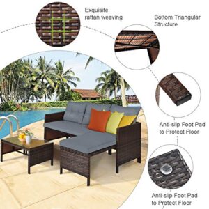 Tangkula Patio Corner Sofa Set 3 Piece, Outdoor Rattan Sofa Set, Includes Lounge Chaise, Loveseat & Coffee Table, Patio Garden Poolside Lawn Backyard Furniture (Gray)