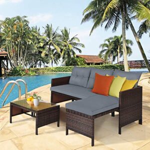 Tangkula Patio Corner Sofa Set 3 Piece, Outdoor Rattan Sofa Set, Includes Lounge Chaise, Loveseat & Coffee Table, Patio Garden Poolside Lawn Backyard Furniture (Gray)