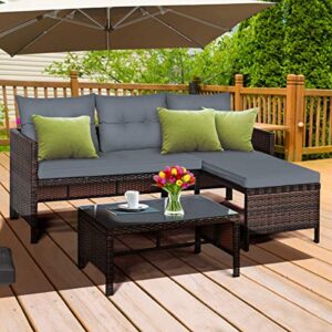 Tangkula Patio Corner Sofa Set 3 Piece, Outdoor Rattan Sofa Set, Includes Lounge Chaise, Loveseat & Coffee Table, Patio Garden Poolside Lawn Backyard Furniture (Gray)