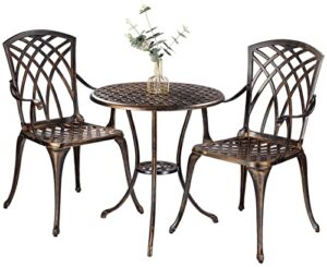 zotorun bistro set 3 piece rustproof cast aluminum patio furniture sets round table with umbrella hole for outdoor, patio, balcony, bronze