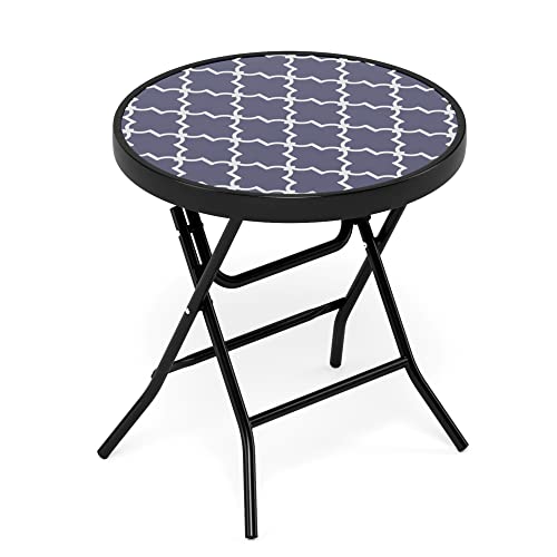 MFSTUDIO Patio Side Table, Folding Portable Round Bistro Coffee Table, Tempered Glass Metal End Table, Plant Stand for Indoor & Outdoor Garden Backyard Lawn Poolside, 18 inch Pattern Blue