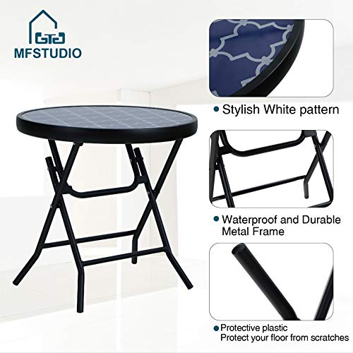 MFSTUDIO Patio Side Table, Folding Portable Round Bistro Coffee Table, Tempered Glass Metal End Table, Plant Stand for Indoor & Outdoor Garden Backyard Lawn Poolside, 18 inch Pattern Blue