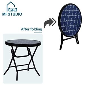 MFSTUDIO Patio Side Table, Folding Portable Round Bistro Coffee Table, Tempered Glass Metal End Table, Plant Stand for Indoor & Outdoor Garden Backyard Lawn Poolside, 18 inch Pattern Blue