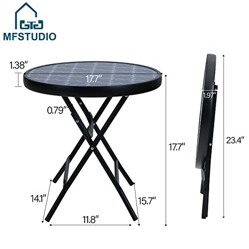 MFSTUDIO Patio Side Table, Folding Portable Round Bistro Coffee Table, Tempered Glass Metal End Table, Plant Stand for Indoor & Outdoor Garden Backyard Lawn Poolside, 18 inch Pattern Blue