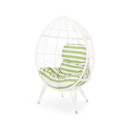 Valerie Outdoor Wicker Teardrop Chair with Cushion, White and Green