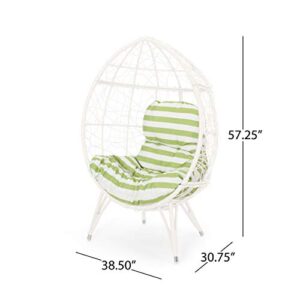 Valerie Outdoor Wicker Teardrop Chair with Cushion, White and Green