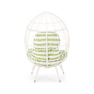 Valerie Outdoor Wicker Teardrop Chair with Cushion, White and Green