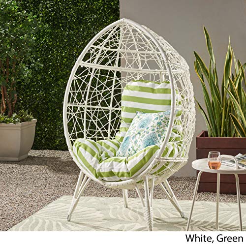 Valerie Outdoor Wicker Teardrop Chair with Cushion, White and Green