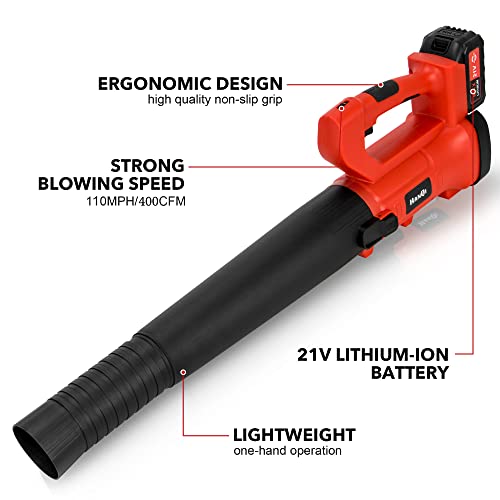 Cordless Leaf Blower 6-Speed 400CFM with Battery Electric Handheld Leaf Blower for Lawn Care Sweeping Snow and Surface Dust Cleaning (Two Batteries)