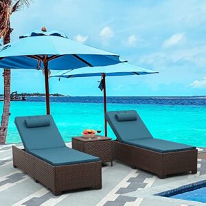 outdoor wicker chaise lounge set, patio, poolside pe rattan lounge chairs, adjustable reclining chaise loungers with cushions and matching storage table, peacock blue