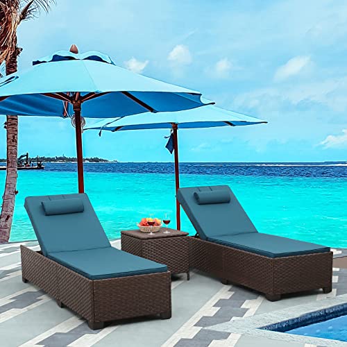 Outdoor Wicker Chaise Lounge Set, Patio, Poolside PE Rattan Lounge Chairs, Adjustable Reclining Chaise Loungers with Cushions and Matching Storage Table, Peacock Blue