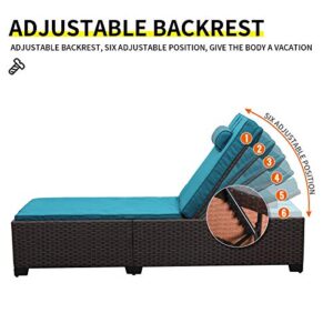 Outdoor Wicker Chaise Lounge Set, Patio, Poolside PE Rattan Lounge Chairs, Adjustable Reclining Chaise Loungers with Cushions and Matching Storage Table, Peacock Blue