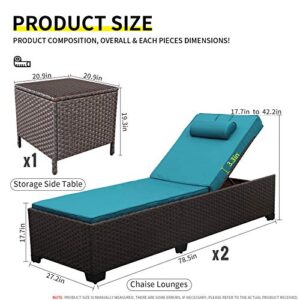 Outdoor Wicker Chaise Lounge Set, Patio, Poolside PE Rattan Lounge Chairs, Adjustable Reclining Chaise Loungers with Cushions and Matching Storage Table, Peacock Blue