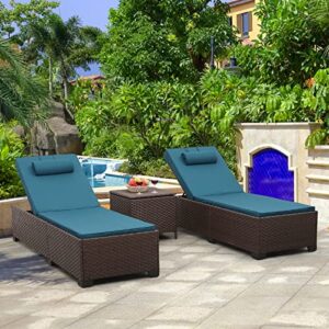 Outdoor Wicker Chaise Lounge Set, Patio, Poolside PE Rattan Lounge Chairs, Adjustable Reclining Chaise Loungers with Cushions and Matching Storage Table, Peacock Blue