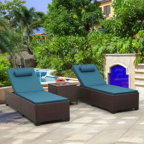 Outdoor Wicker Chaise Lounge Set, Patio, Poolside PE Rattan Lounge Chairs, Adjustable Reclining Chaise Loungers with Cushions and Matching Storage Table, Peacock Blue