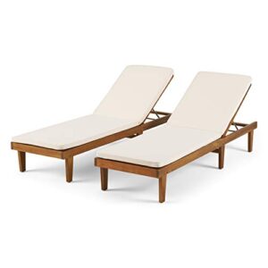 christopher knight home madge oudoor chaise lounge with cushion (set of 2), teak finish, cream