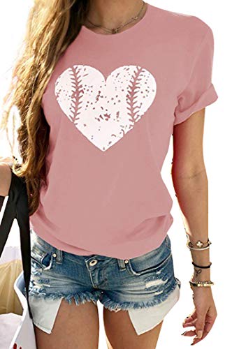 Women Cute Heart Baseball Graphic T-Shirt Short Sleeve Summer Casual Short Sleeve Tops Beach O-Neck Tees Pink