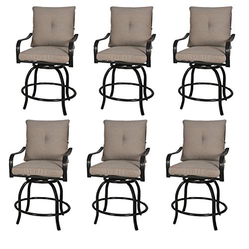 Rimba Patio Swivel Bar Stools Outdoor Bar Height Bistro Dining Chairs All-Weather Patio Metal Furniture Set with Armrest and Cushions, Set of 6