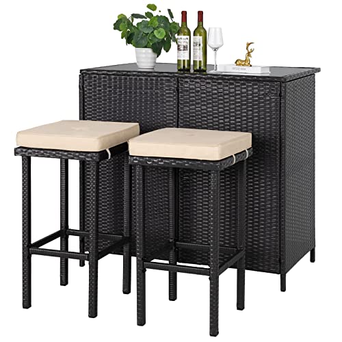 Patiomore 3-Piece Patio Outdoor Bar Set with Two Stools and Glass Top Table Patio Brown Wicker Furniture with Removable Cushions for Backyards, Porches, Gardens or Poolside