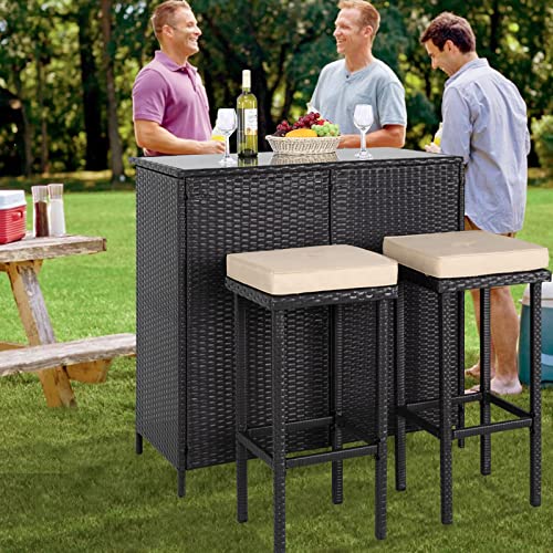 Patiomore 3-Piece Patio Outdoor Bar Set with Two Stools and Glass Top Table Patio Brown Wicker Furniture with Removable Cushions for Backyards, Porches, Gardens or Poolside