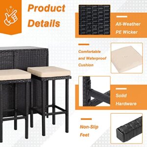 Patiomore 3-Piece Patio Outdoor Bar Set with Two Stools and Glass Top Table Patio Brown Wicker Furniture with Removable Cushions for Backyards, Porches, Gardens or Poolside