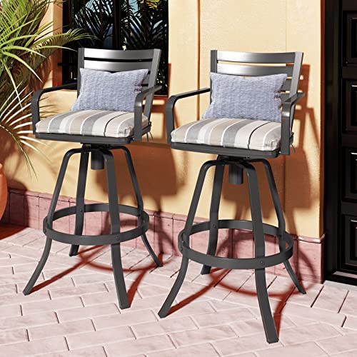 Pellebant Swivel Outdoor Bar Stools Set of 2, Patio Bar Dining Chairs with Cast Aluminum Frame, Sunbrella Cushion, Easy to Install, Champagne