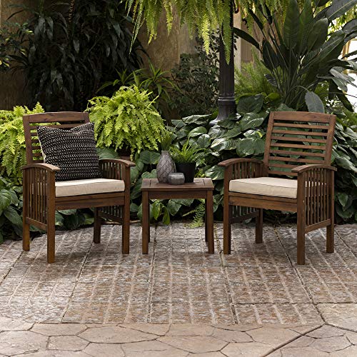 Walker Edison Rendezvous Modern 3 Piece Solid Acacia Wood Slat Back Outdoor Chair and Side Table Set, Set of 3, Dark Brown