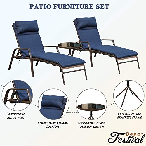 Festival Depot 3Pcs Patio Set of 2 Chaise Lounge Adjustable Back Chairs with Removable Cushions and Bistro Table Outdoor Furniture for Poolside Deck (Blue)