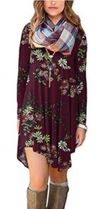 womens v neck long sleeve casual floral printed tunic dresses loose t-shirt dresses