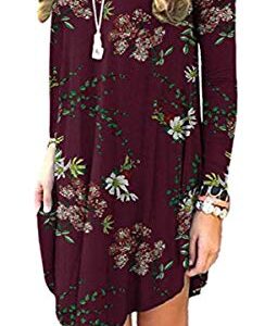 Womens V Neck Long Sleeve Casual Floral Printed Tunic Dresses Loose T-Shirt Dresses