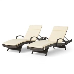 christopher knight home salem outdoor wicker adjustable chaise lounges with arms, with cushions, 2-pcs set, multibrown / ivory