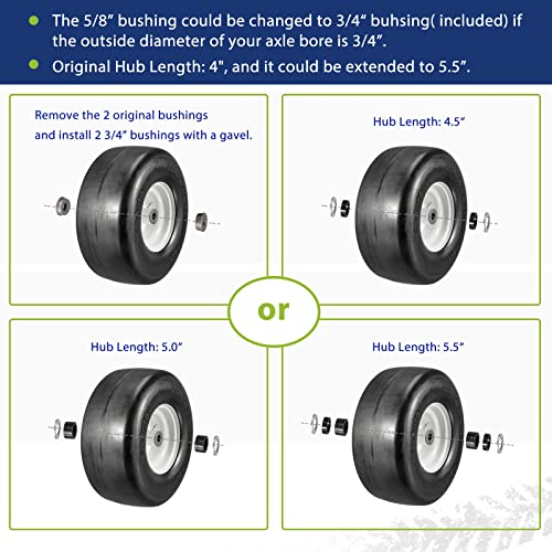 MaxAuto Set of 2 13x6.50-6 Flat Free Lawn Mower Smooth Tires on Wheel for Lawn Mower Garden Tractor(4.0"Centered Hub - Hub Length 4"-7.1" with 5/8" Sintered iron Bushing)