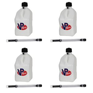 vp racing fuels 5 gallon square white racing utility jug, 4 white jugs with 4 deluxe filler hoses