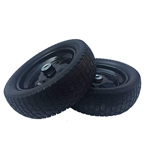 2 Pack Small 13x5.00-6 Flat Free Tire,Turf Tread,2.25"offset hub with steel rim ,5/8" ball bearing , Tire OD:299-309mm,12'',Tire SW:88.5-94.5mm, PU Foam wheel,small solid trolley wheel