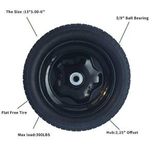 2 Pack Small 13x5.00-6 Flat Free Tire,Turf Tread,2.25"offset hub with steel rim ,5/8" ball bearing , Tire OD:299-309mm,12'',Tire SW:88.5-94.5mm, PU Foam wheel,small solid trolley wheel