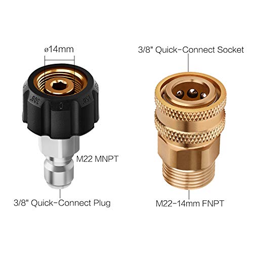 FUNTECK Pressure Washer Adapter Kit, 3/8 in Quick-Connect x M22-14mm Connections, 5000 PSI Quick-Connect High Pressure Hose Connect Kit