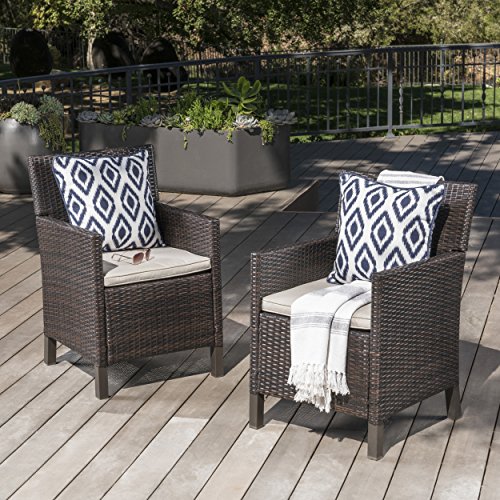 Christopher Knight Home Cypress Outdoor Wicker Dining Chairs with Water Resistant Cushions, 2-Pcs Set, Multibrown / Light Brown