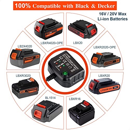 LCS1620 20V Lithium Battery Charger for Black & Decker 16V Lithium Battery LBXR20 LBXR20-OPE LB20 LBX20 LBX4020 LB2X4020 LBXR2020-OPE BL1514 LBXR16