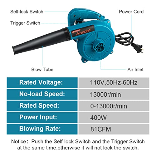 Corded Electric Leaf Blower,2 in 1 Small Handheld Lightweight Sweeper/Vacuum,110V 400W Portbale Blower for Leaf/Snow/Dust Blowing (Blue)