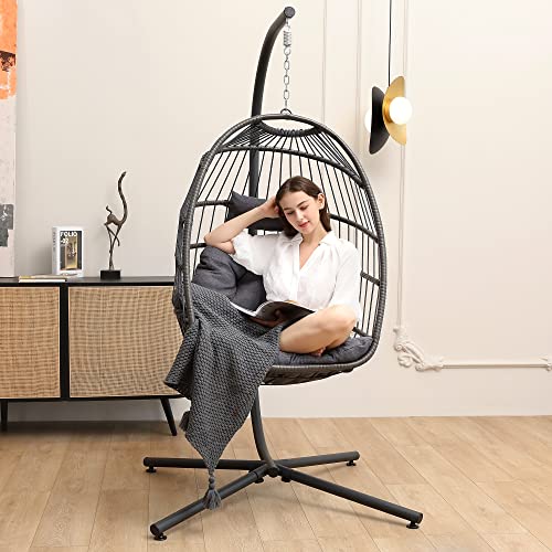 SWITTE Hanging Egg Chair with Stand, Egg Swing Hammock Chair with Stand, Indoor Outdoor Wicker Egg Chair with Cushion Headrest for Patio Bedroom Porch Garden, 350LBS Capacity(Dark Grey)