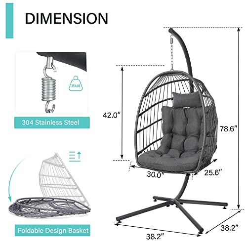 SWITTE Hanging Egg Chair with Stand, Egg Swing Hammock Chair with Stand, Indoor Outdoor Wicker Egg Chair with Cushion Headrest for Patio Bedroom Porch Garden, 350LBS Capacity(Dark Grey)