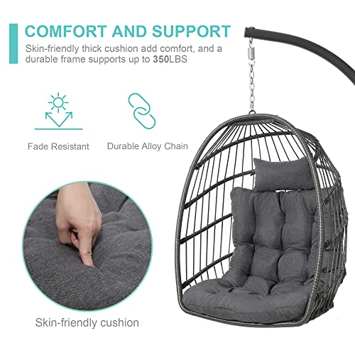 SWITTE Hanging Egg Chair with Stand, Egg Swing Hammock Chair with Stand, Indoor Outdoor Wicker Egg Chair with Cushion Headrest for Patio Bedroom Porch Garden, 350LBS Capacity(Dark Grey)