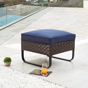 festival depot outdoor ottoman patio bistro furniture footstool foot rest with all-weather premium fabric soft blue cushion brown wicker rattan and u shaped slatted steel legs for garden yard lawn